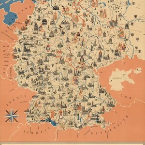 Old Pictorial Map of Germany, 1950, Fine Reproduction, Large Map, Fine ...