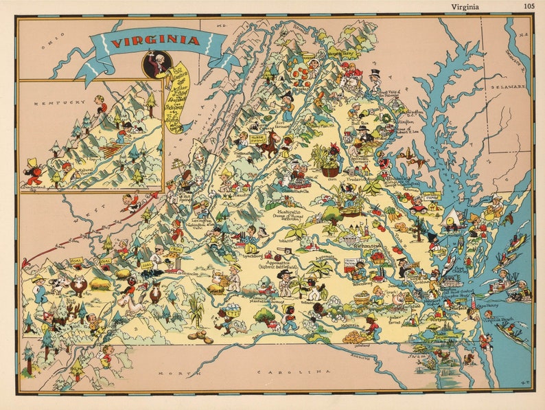 1935 Virginia Cartoon Map Art Print: Pictorial Fine Art Reproduction ...