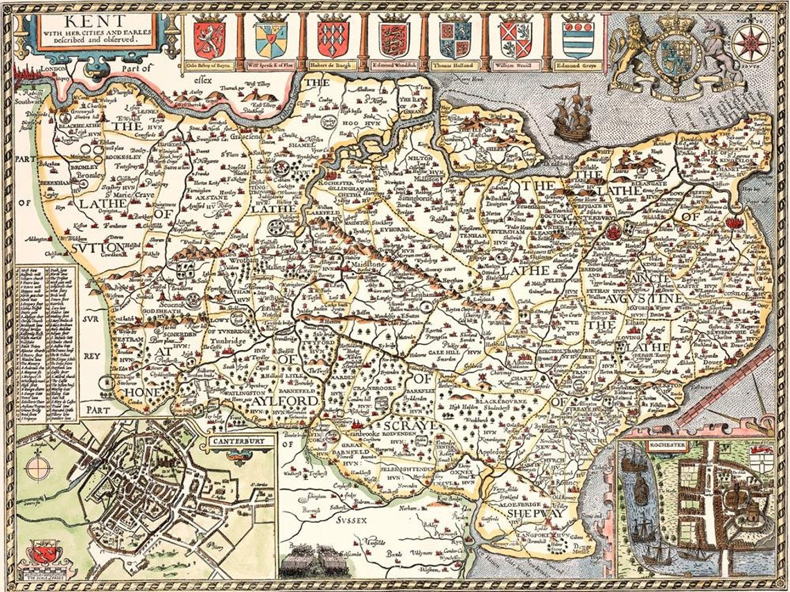 Antique Map of Kent, United Kingdom 1610: Fine Art Print - Etsy