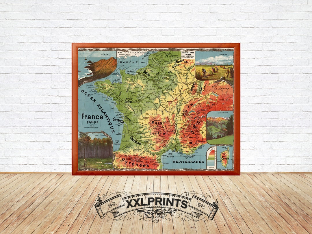1920s France Physical Map: Fine Art Giclée Print - Etsy