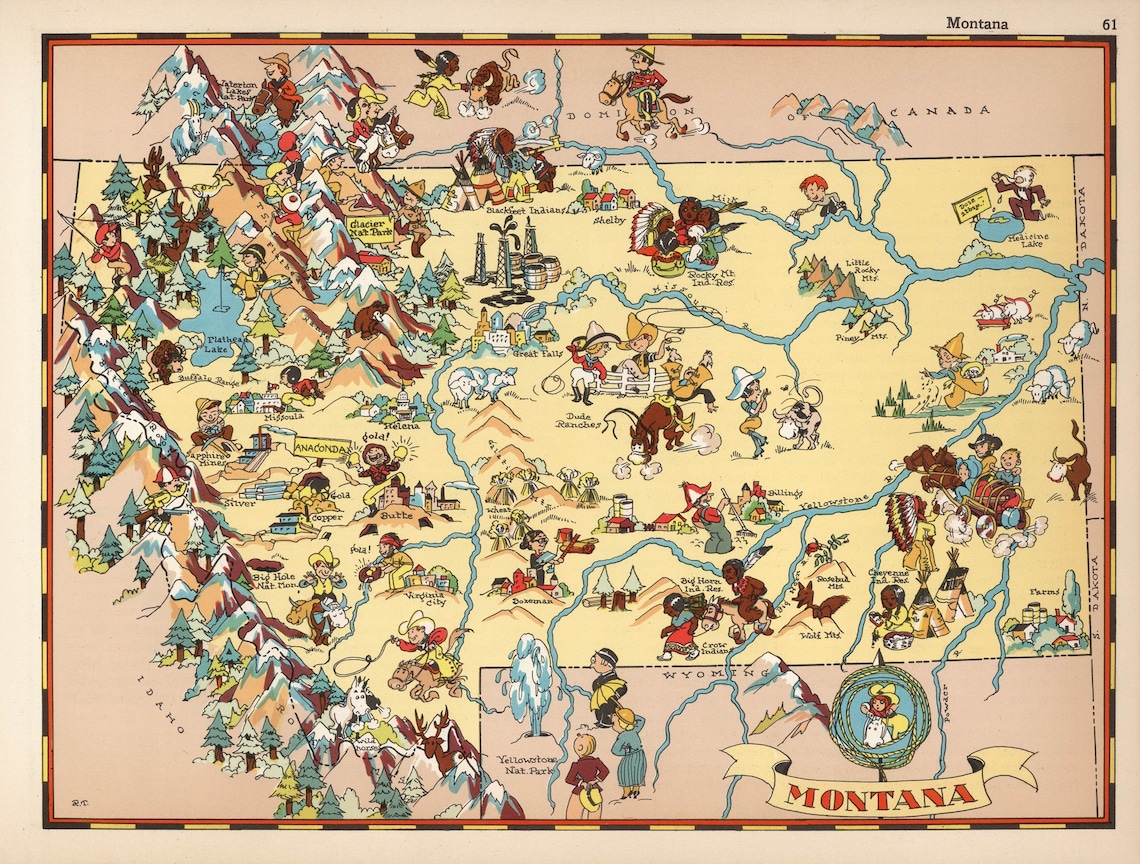 1935 Montana Cartoon Map: Fine Art Giclee Print - Etsy