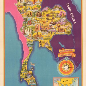 Old Tourist Map of Thailand, 19th Century, Pictorial Map, Fine ...