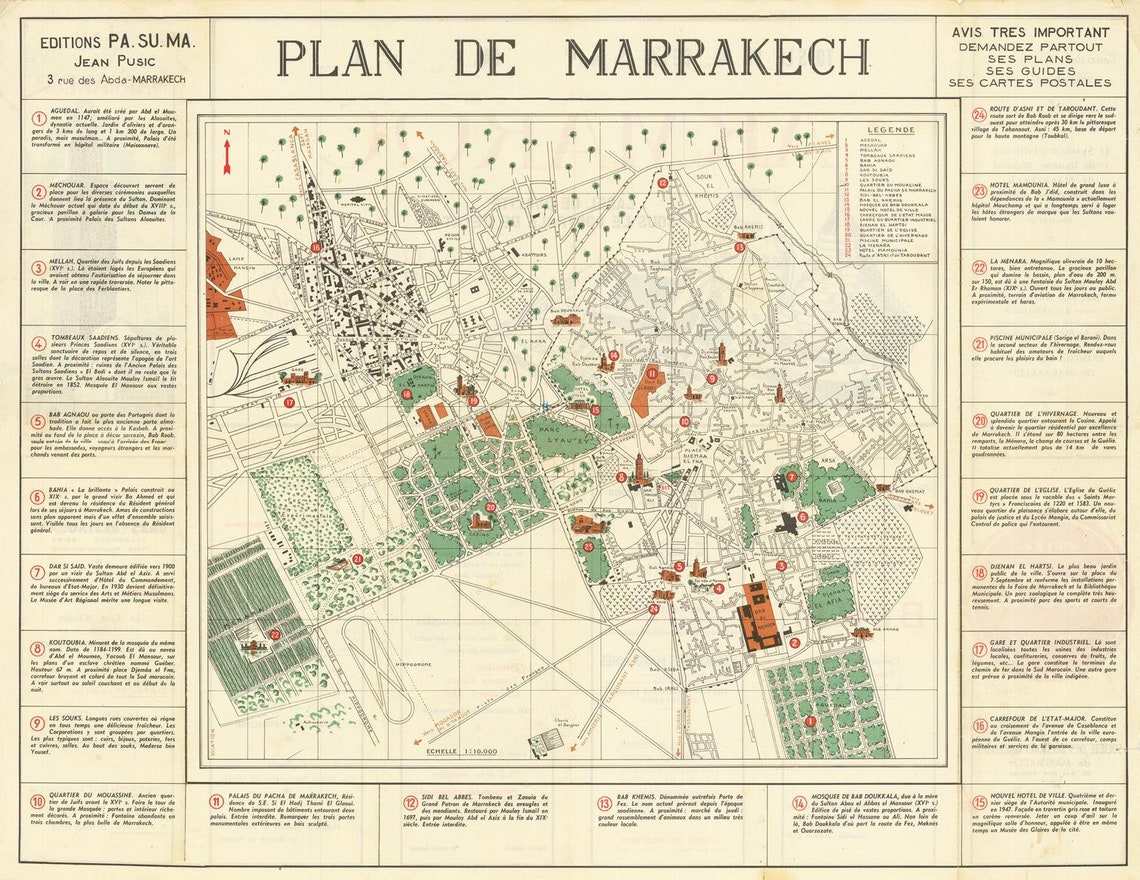 Marrakesh City Plan Print: 1950s Vintage Map Reproduction - Etsy
