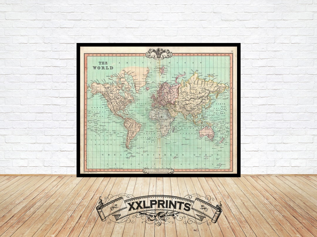 Old Map of the World, 1850, Cruchley's Maps, Fine Reproduction, Fine ...