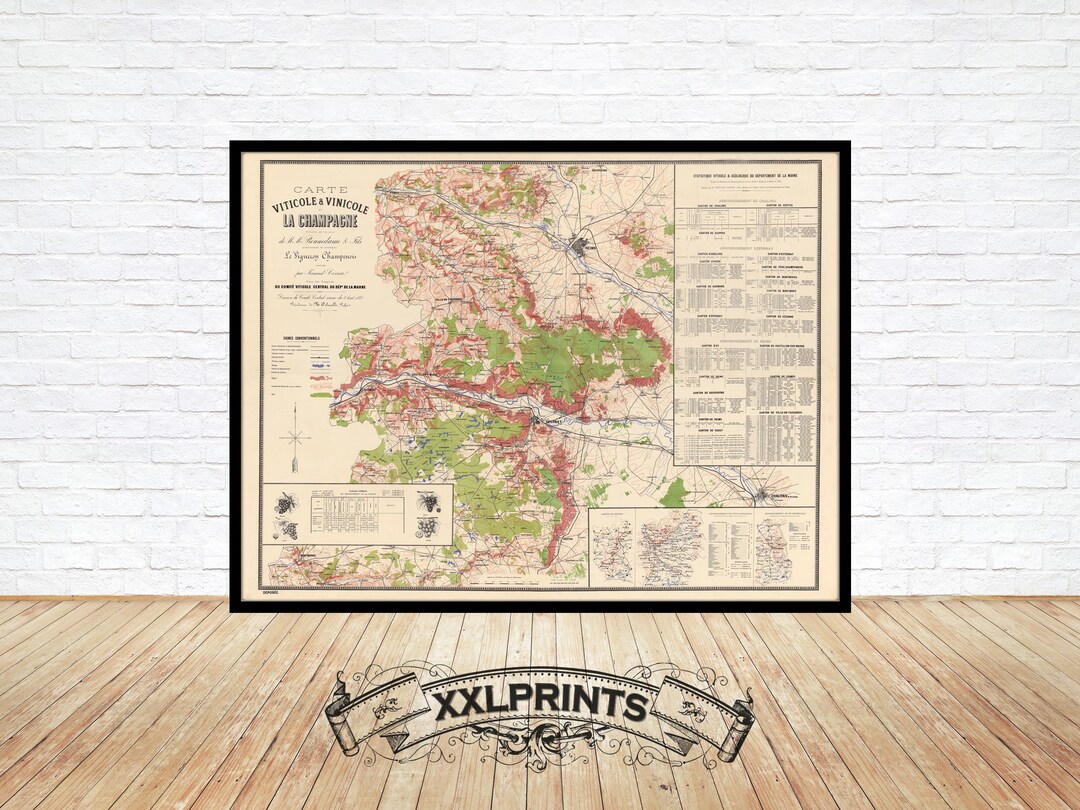 Champagne Wine Map Print: Vintage Viticulture Fine Art Reproduction ...