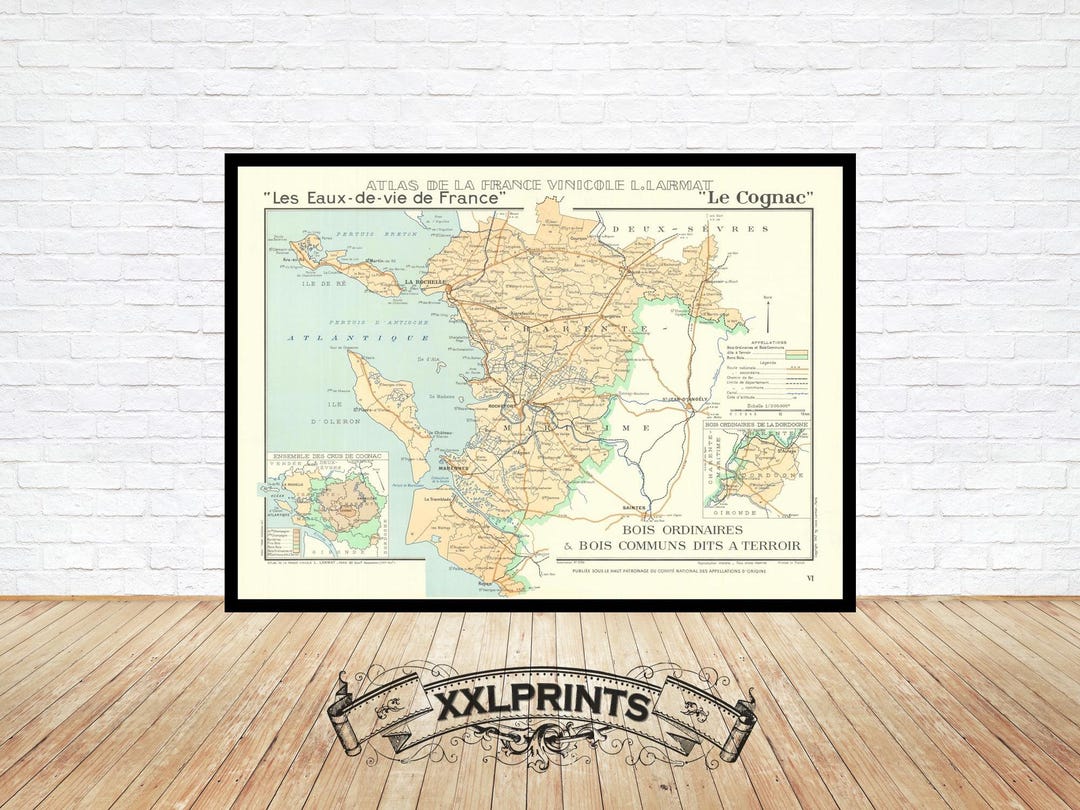 Cognac Region Map Print: 1947 Vintage French Wine Map Reproduction ...