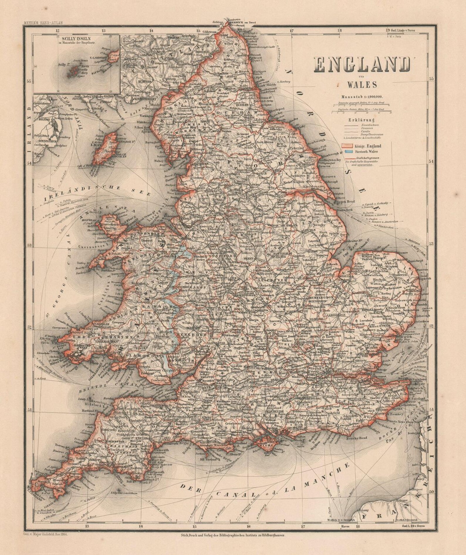 1864 German Map of England and Wales: Vintage Antique Print (digital ...