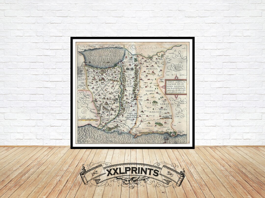 Ancient Israel Map Print: 12 Tribes, Zebulun, Issachar, Manasseh, 1590 ...