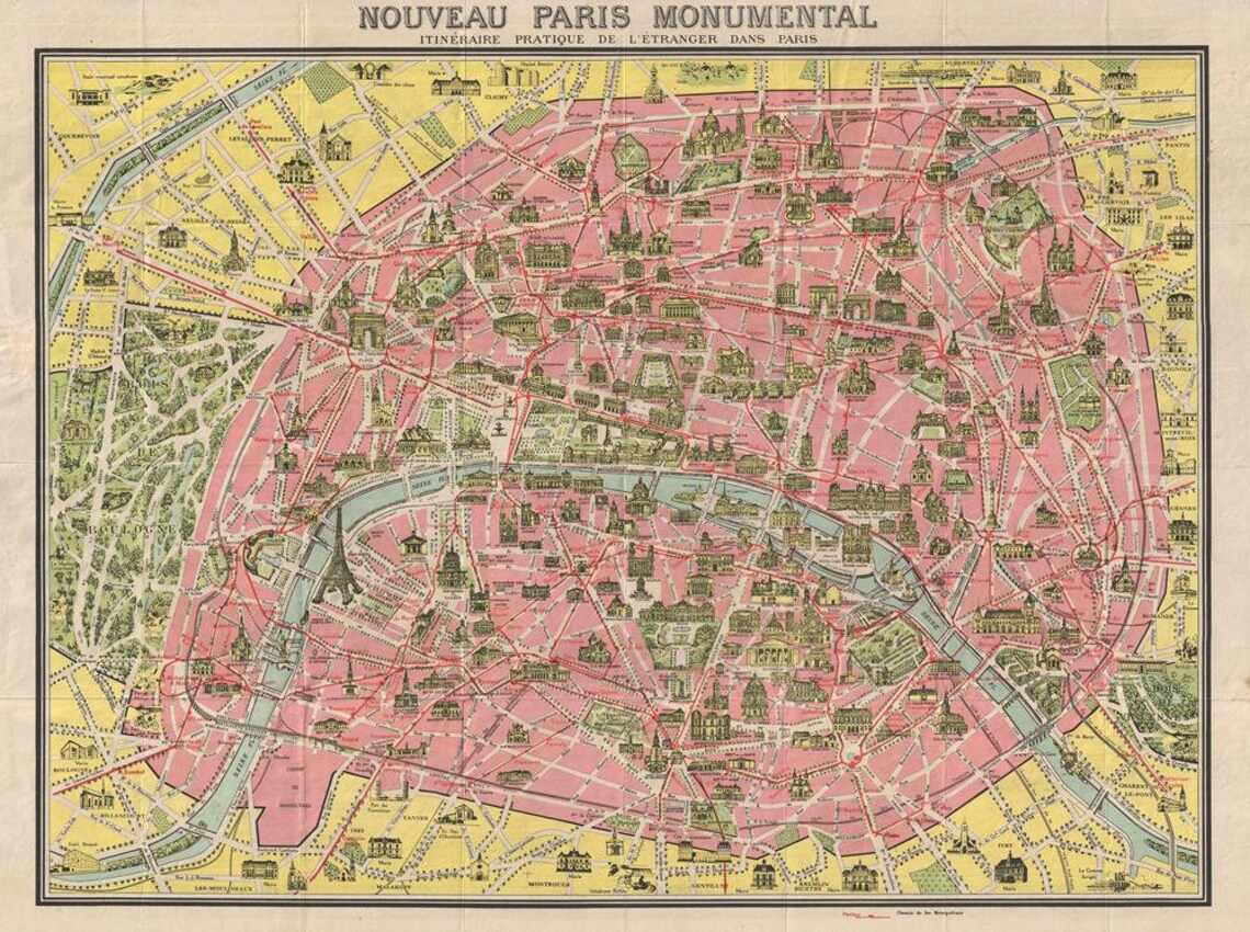 Antique Paris Map Print: 1920s Reproduction, Large Fine Art - Etsy