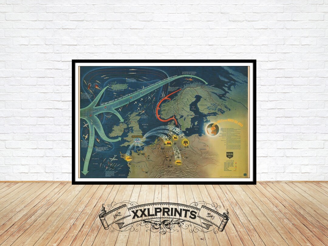 Old Map of North Sea, World War 2, Europe, 1944, Pictorial, Fine ...