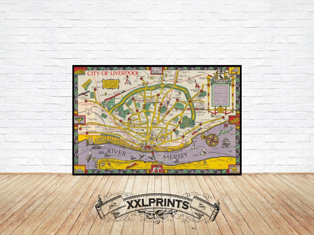 Liverpool Map Print: 1934 Pictorial Merseyside Map, Fine Art ...