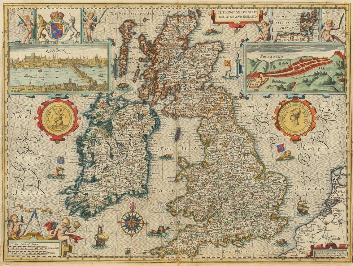 Old Map of Kingdom of Great Britain and Ireland, 1610, Extremely Rare ...