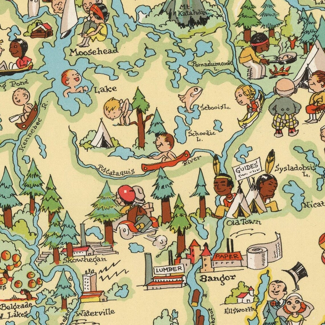 1935 Maine Cartoon Map: Pictorial Fine Art Print - Etsy