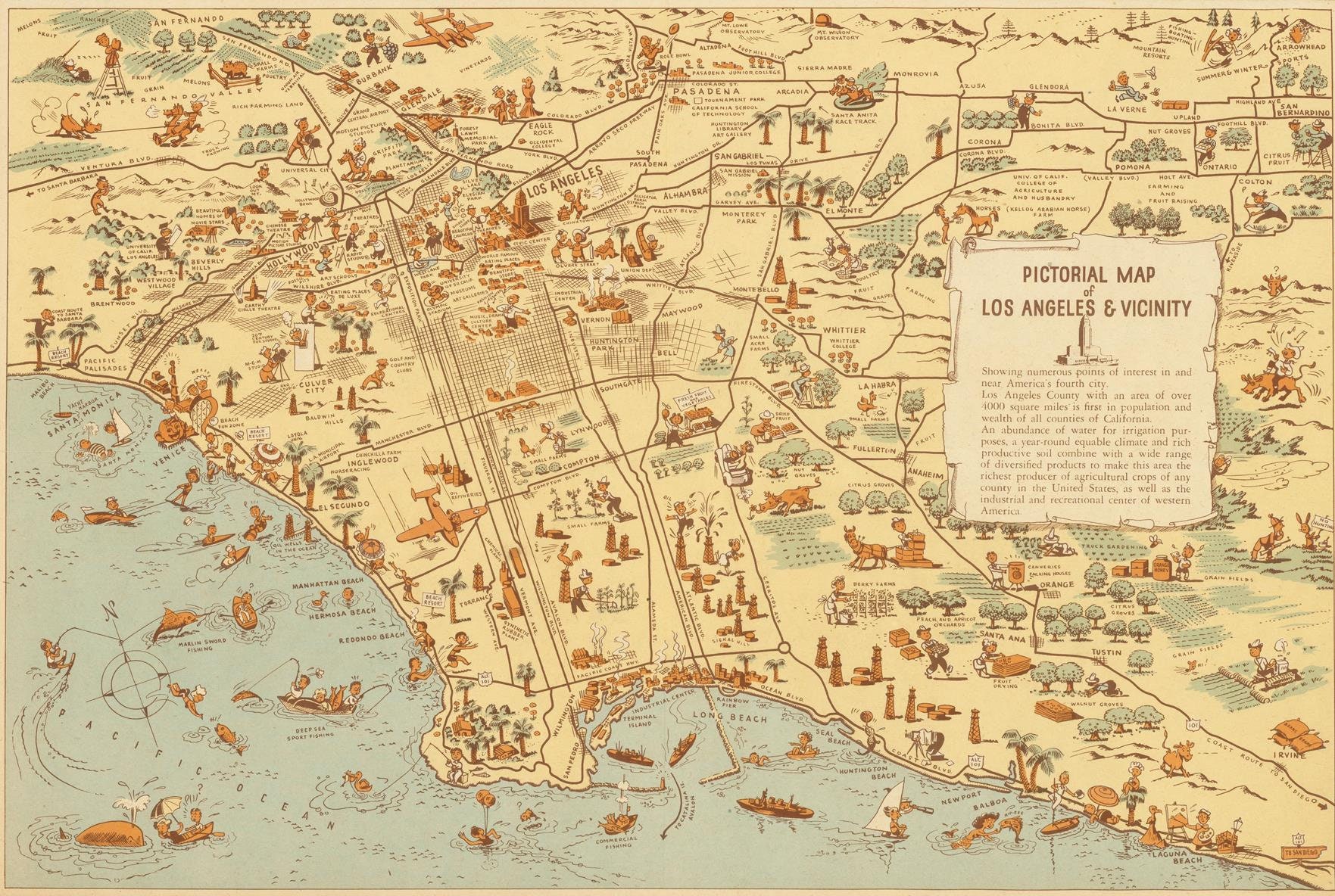 Old Pictorial Map of Los Angeles 1940 Antique Fine | Etsy
