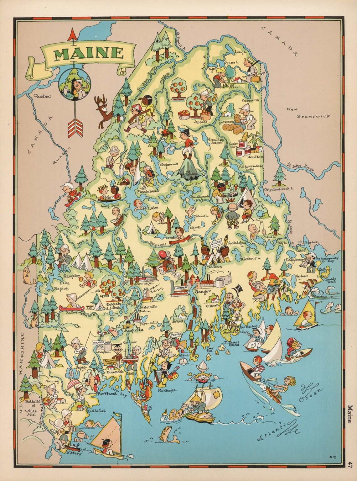 1935 Maine Cartoon Map: Pictorial Fine Art Print - Etsy
