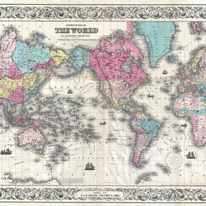 Antique Map of the World at 1852, Fine Reproduction, Large Map, Fine ...