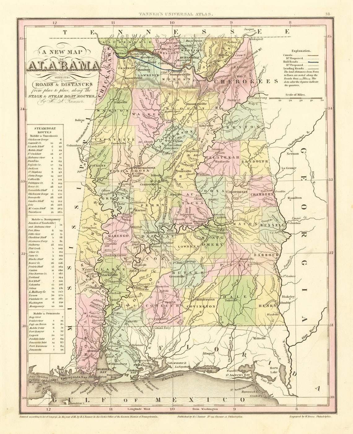 Old Map of Alabama 1844 Antique Map Fine Reproduction | Etsy