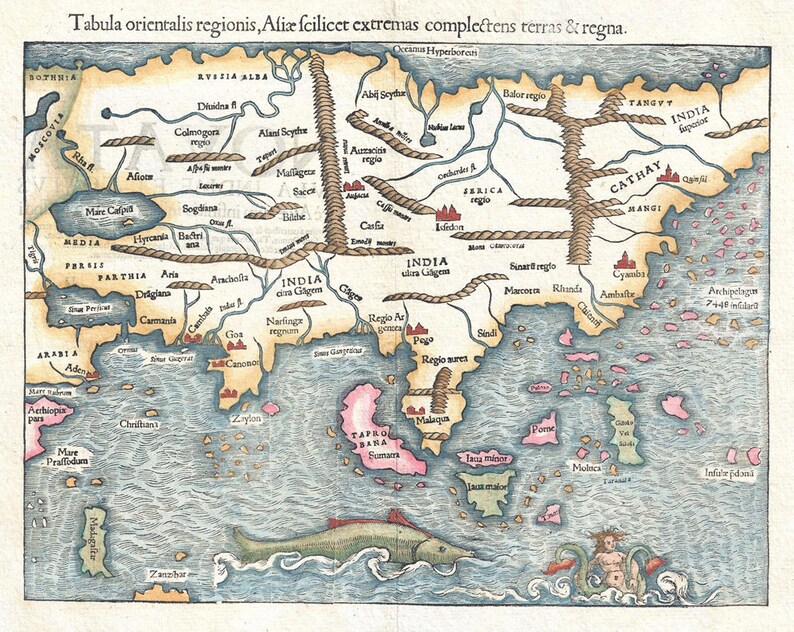Ancient Map of Asia 1550 Extremely Rare Map Fine - Etsy