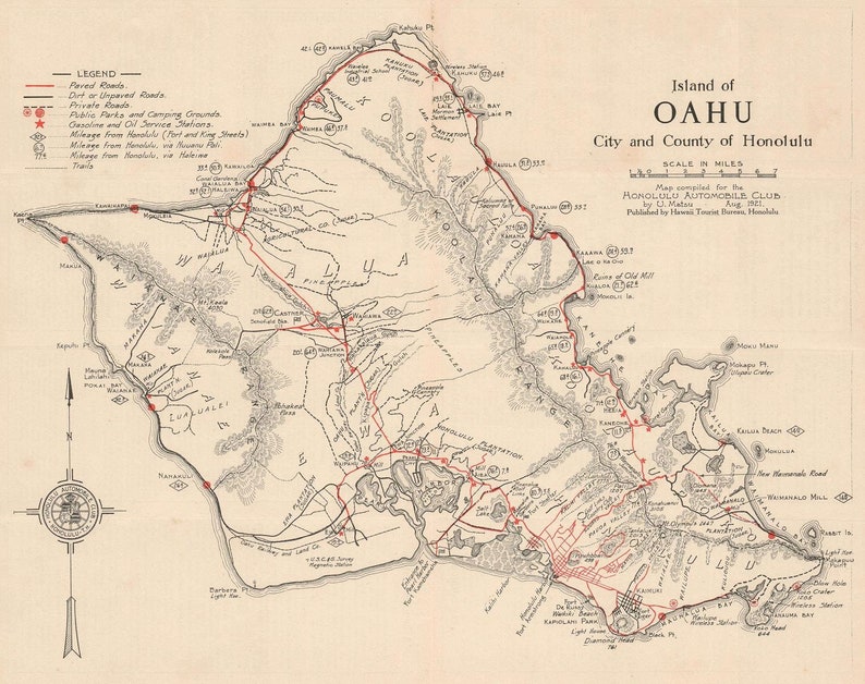 Oahu Hawaii Map Print: 1921 Vintage Fine Art Reproduction - Etsy