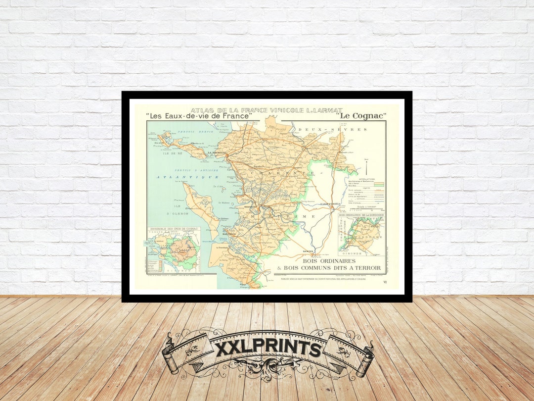 Old Wine Map of Cognac Region, Les Eaux-de-vie De France, 1947, Fine ...