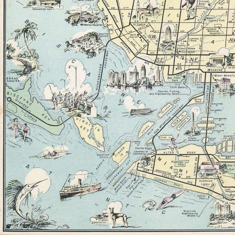 Old Pictorial Map of Greater Miami Florida 1951 Fine - Etsy