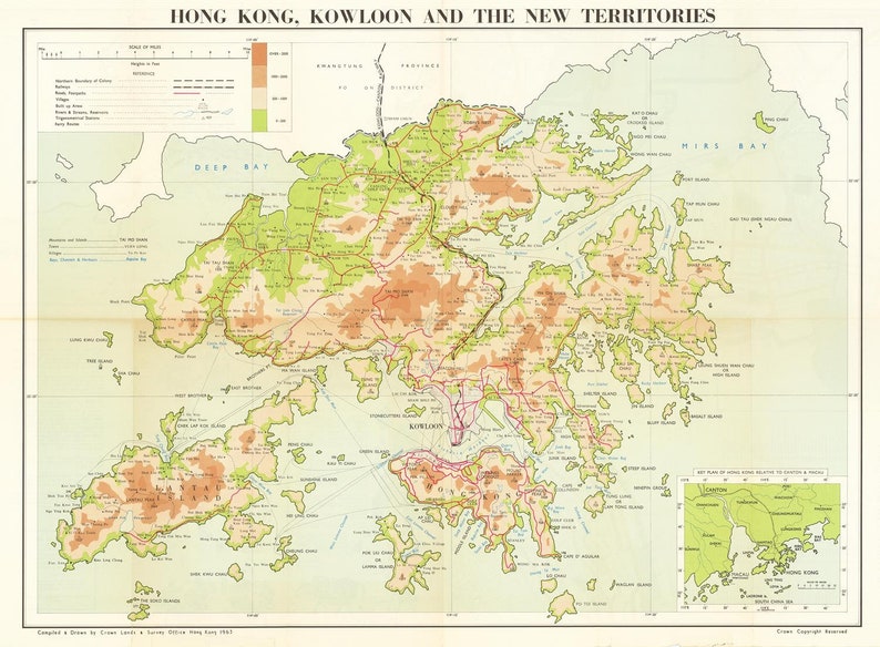 Old map of Hong Kong Kowloon 1963 fine reproduction large | Etsy