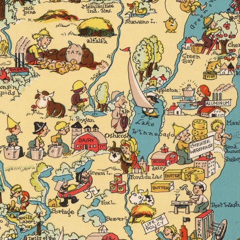 1935 Cartoon Map of Wisconsin Pictorial Map Fine - Etsy