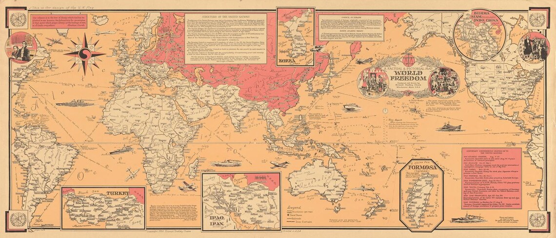 1950 World Map Print: Antique Pictorial Map Reproduction - Etsy
