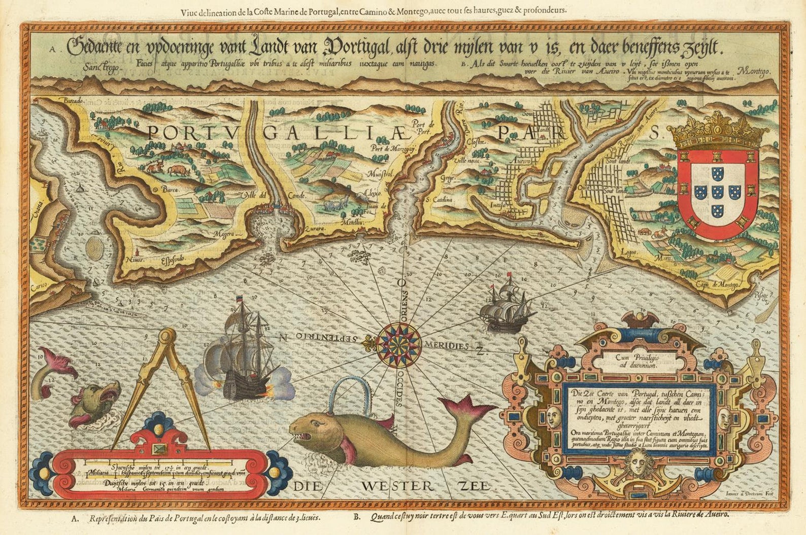 Antique Portugal Coastline Map Print, 1583: Rare Fine Art Reproduction ...