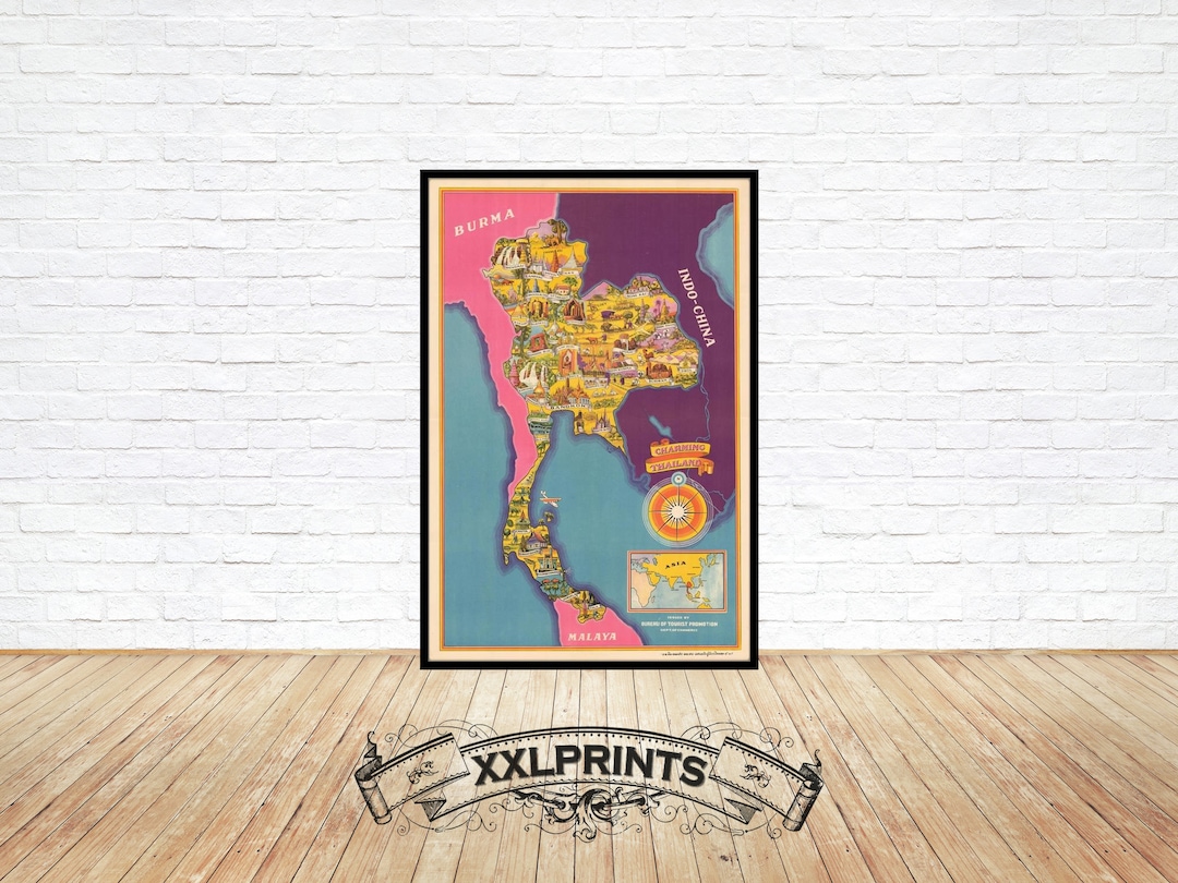 Old Tourist Map of Thailand, 19th Century, Pictorial Map, Fine ...