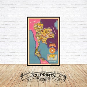 Old Tourist Map of Thailand, 19th Century, Pictorial Map, Fine ...