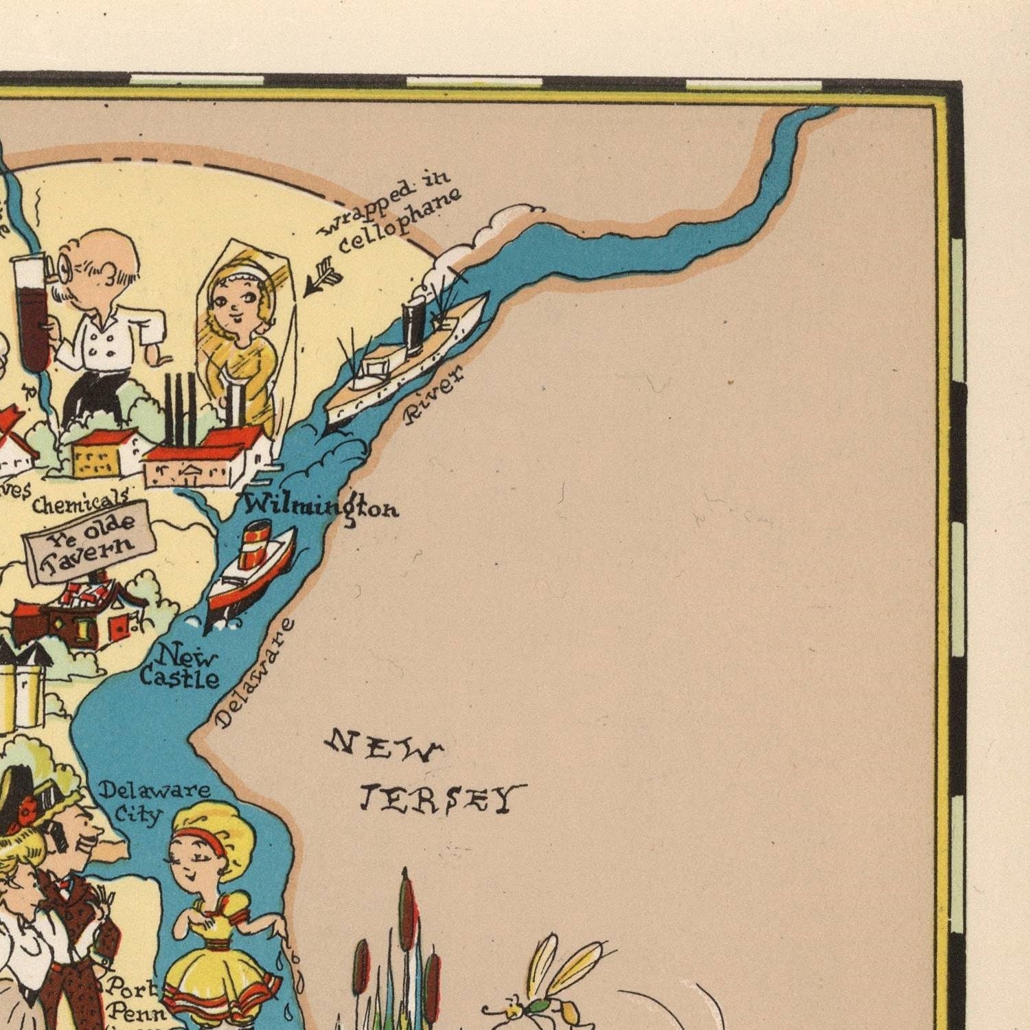 1935 Cartoon Map of Delaware Pictorial Map Fine - Etsy