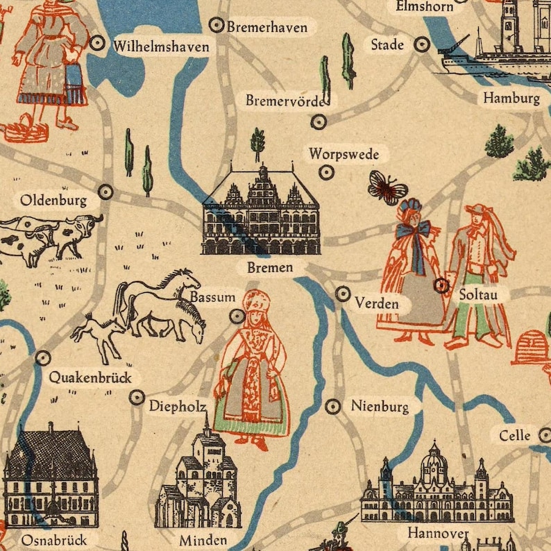 Old Pictorial Map of Germany 1950 Fine Reproduction Large - Etsy