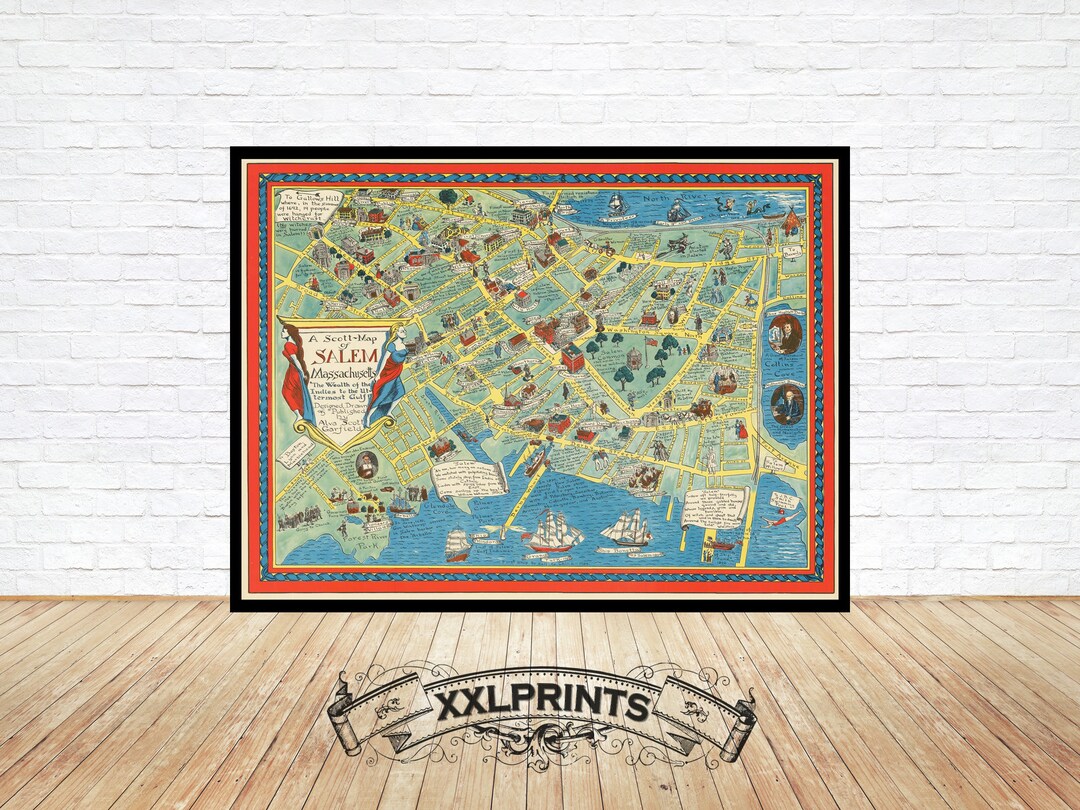 Salem Massachusetts Map Print: 1950s Pictorial Fine Art Reproduction - Etsy