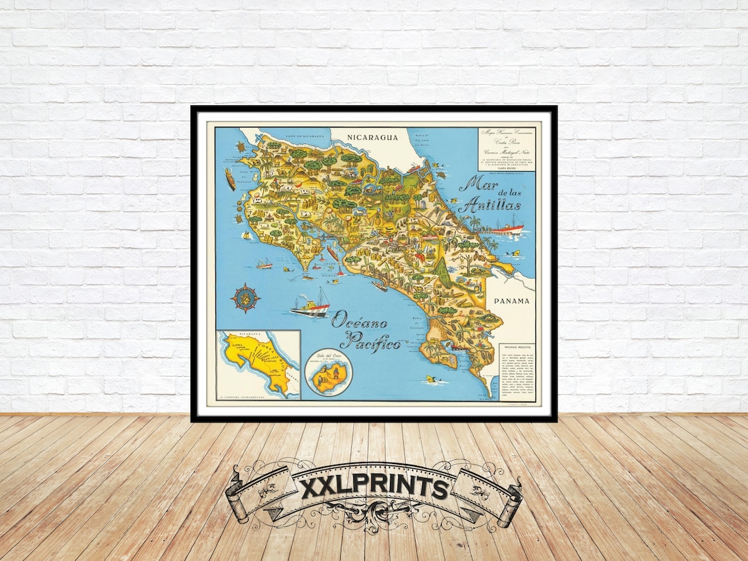 Old Pictorial Map of Costa Rica, 1950, Fine Reproduction, Large Map ...