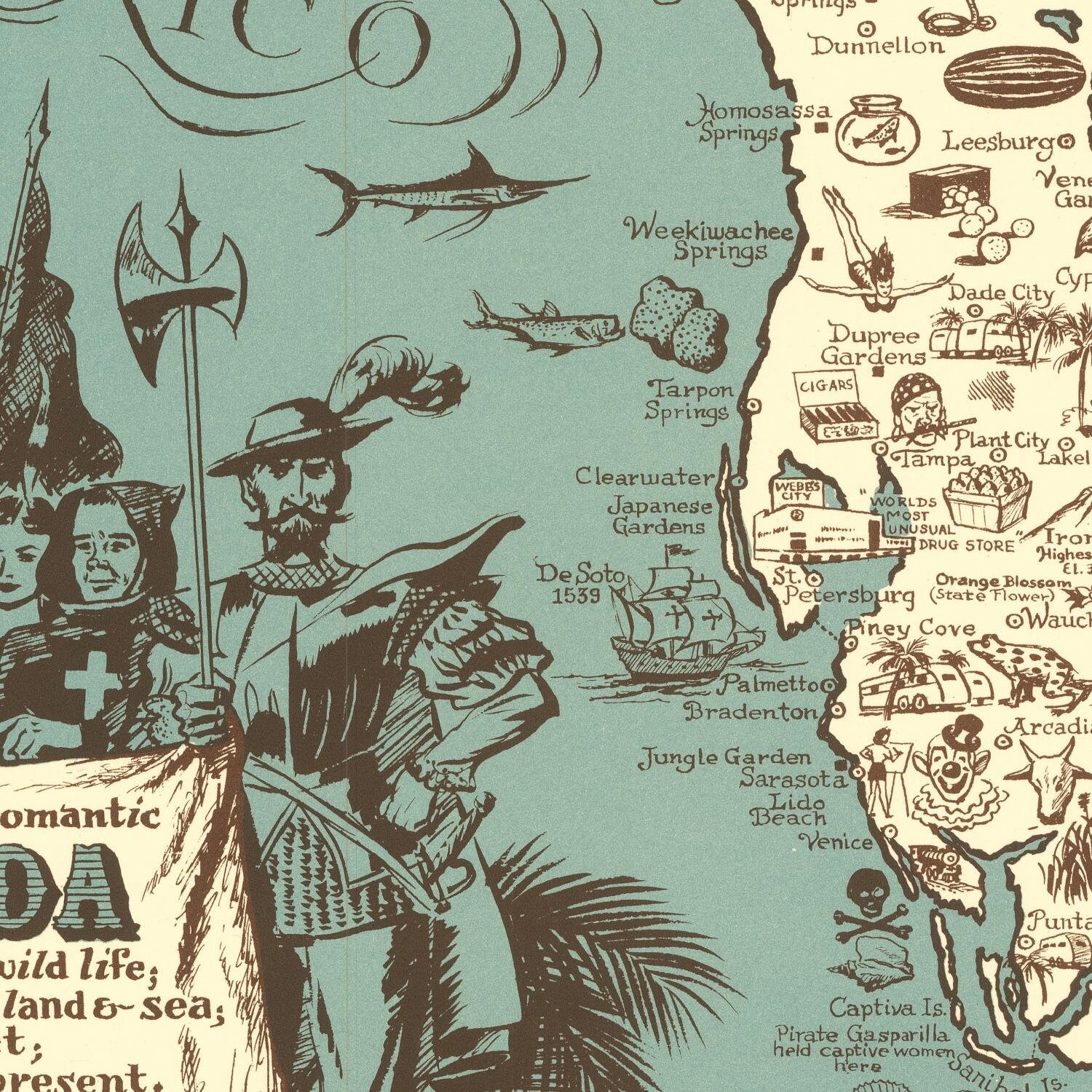 Old map of Florida 19th century pictorial map fine | Etsy