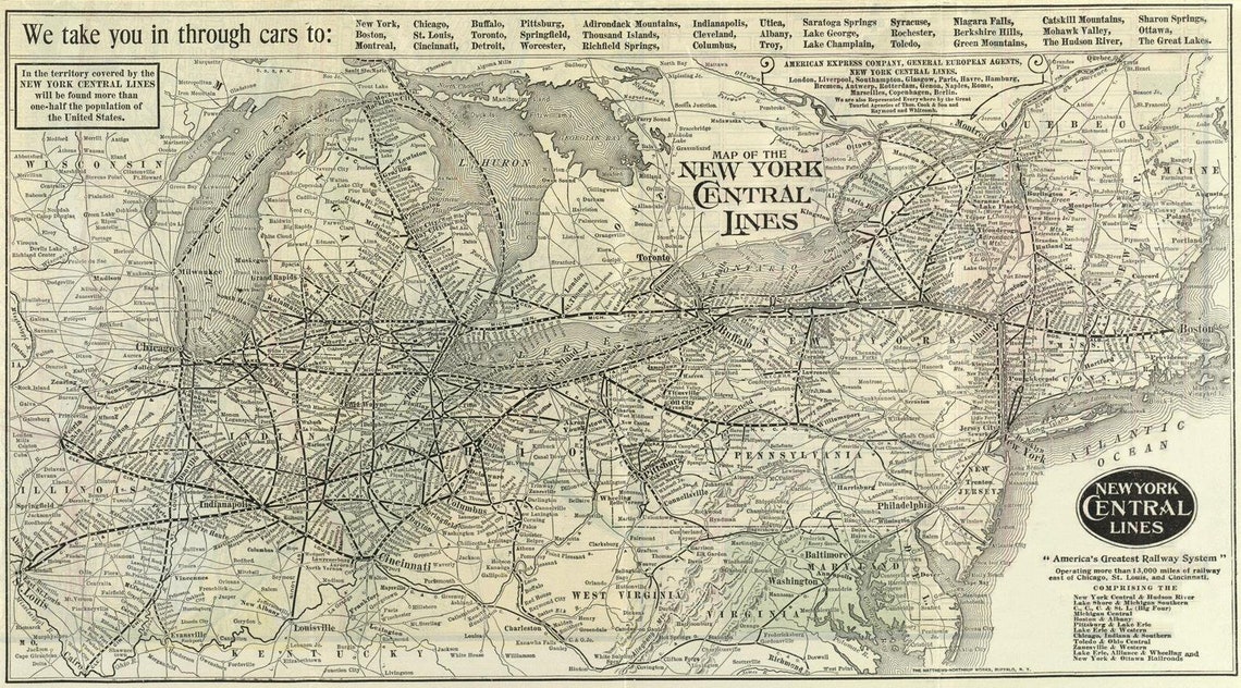 New York Central Railroad Map Print: 1918 Central Line, Fine Art ...