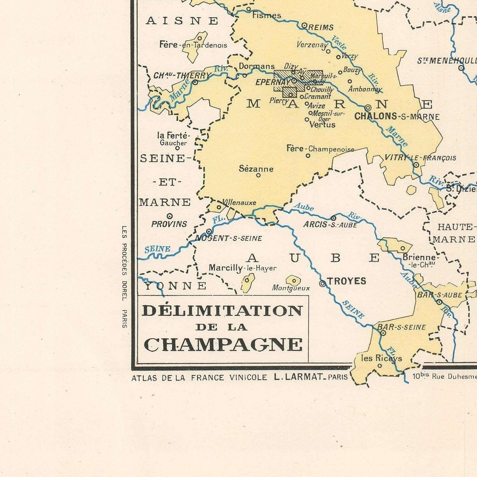 Marne River Valley Map Art Print: Champagne Vineyards, France (1944 ...
