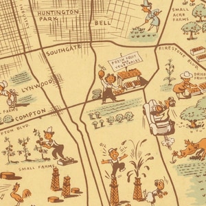 Old Pictorial Map of Los Angeles, 1940, Antique, Fine Reproduction ...