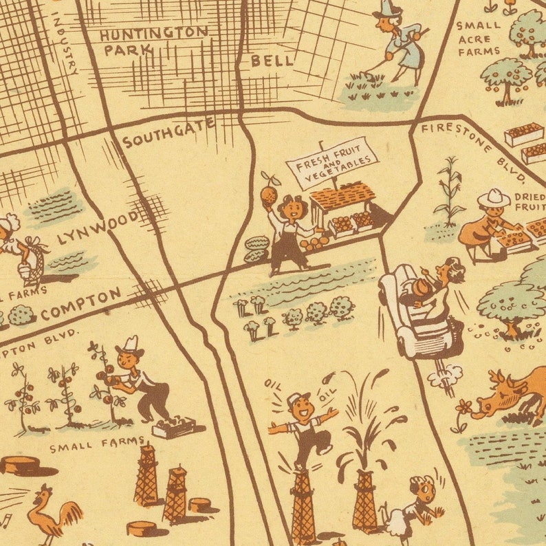 Old Pictorial Map of Los Angeles 1940 Antique Fine | Etsy