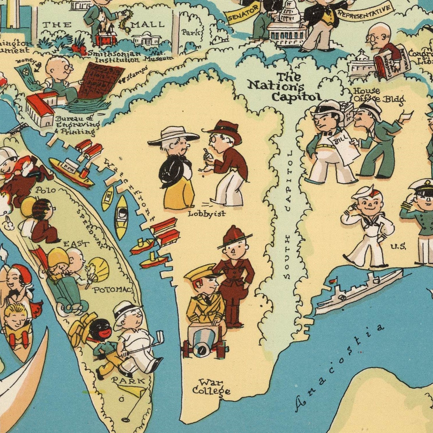1935 Cartoon Map of District of Columbia Pictorial Map Fine - Etsy