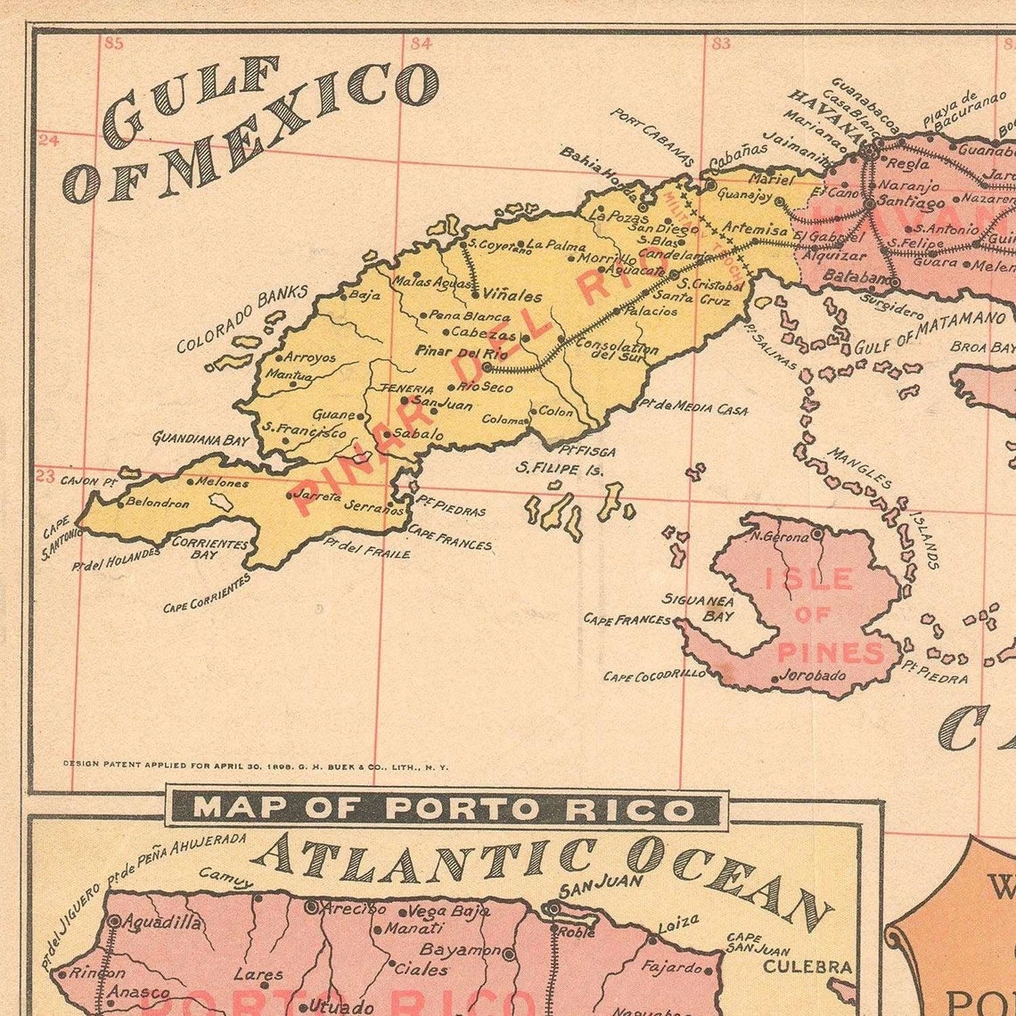 Old map of Cuba 1898 antique map fine reproduction large | Etsy