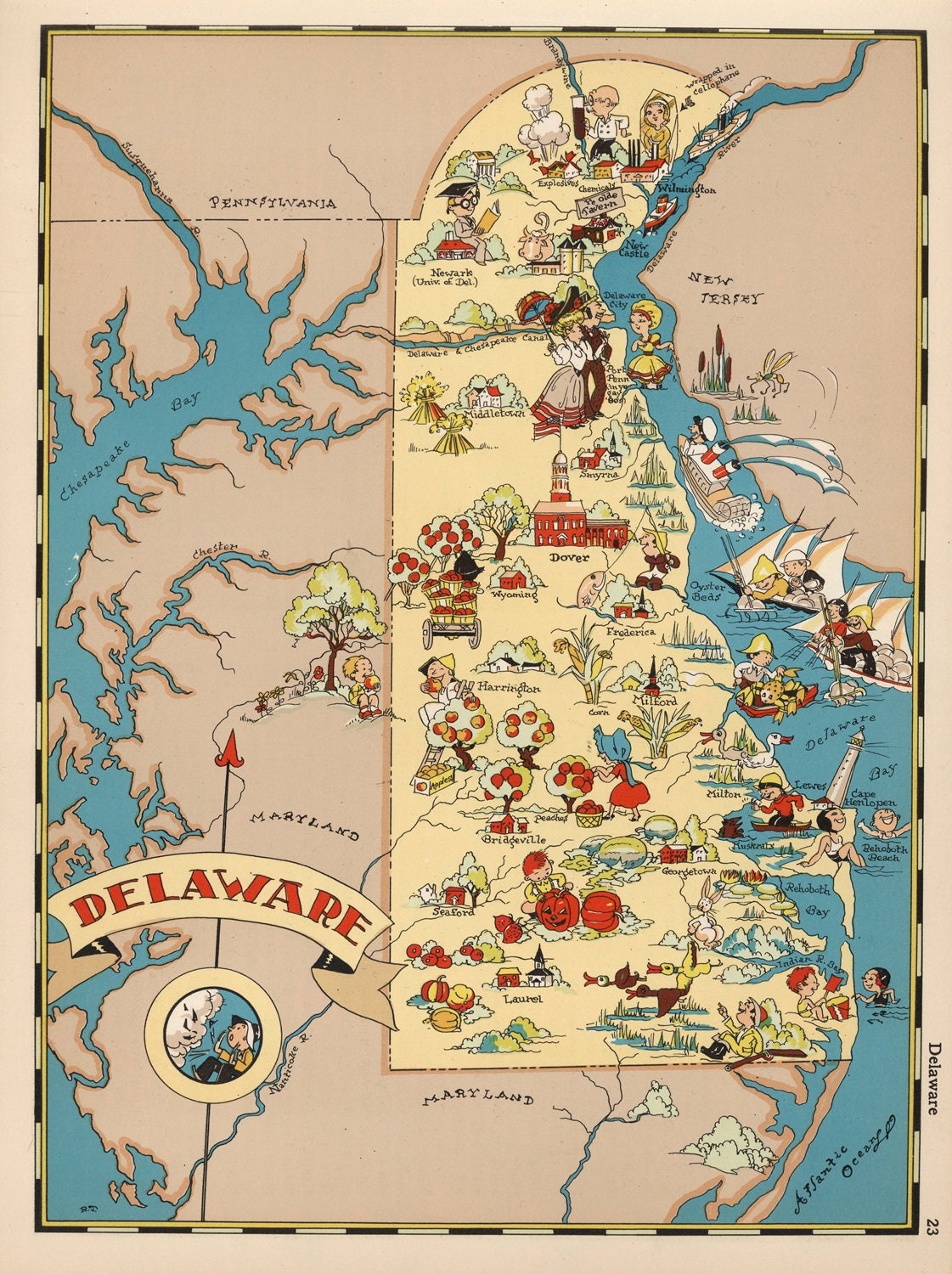 1935 Cartoon Map of Delaware: Pictorial Fine Art Print - Etsy