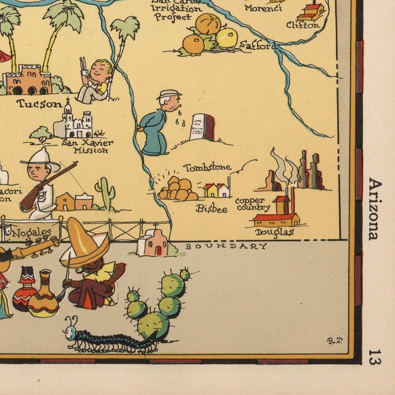 1935 Cartoon Arizona Map: Fine Art Giclée Print - Etsy