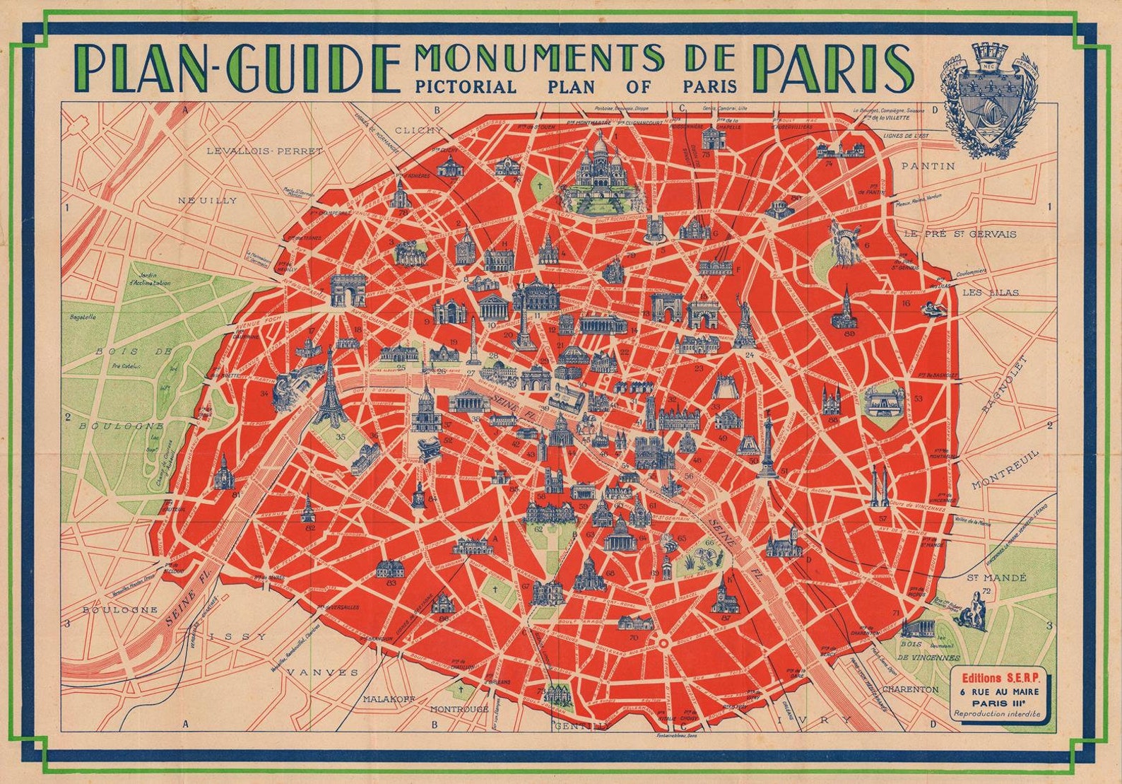 1942 Paris Map Print: Vintage Monuments, Fine Art Reproduction - Etsy