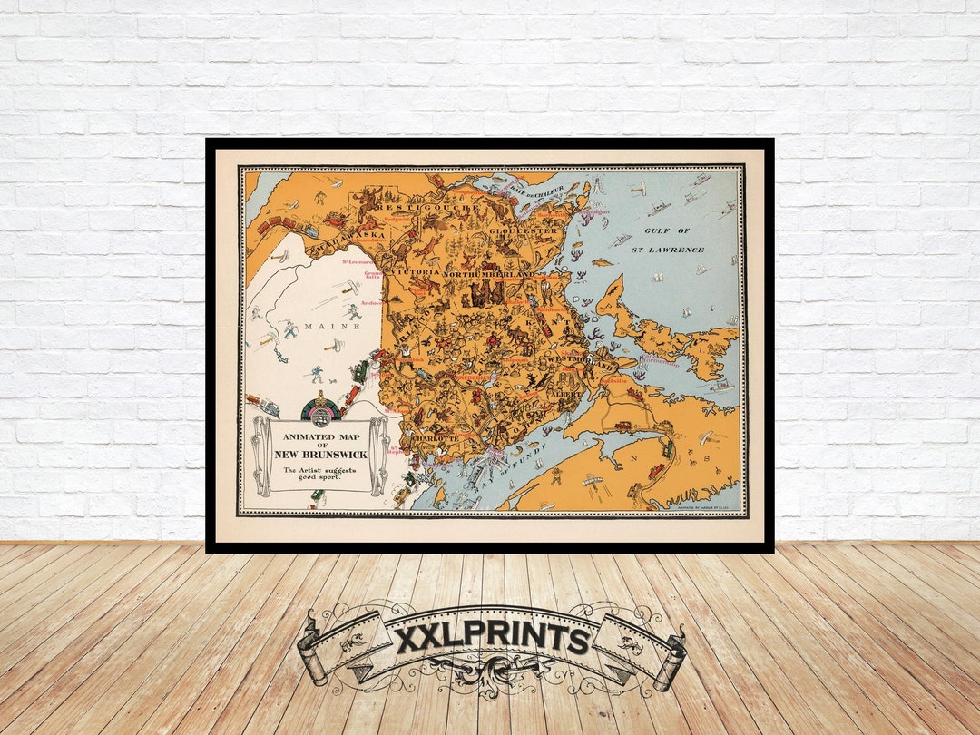 New Brunswick Map Print: 1929 Animated Canadian Provinces Art - Etsy
