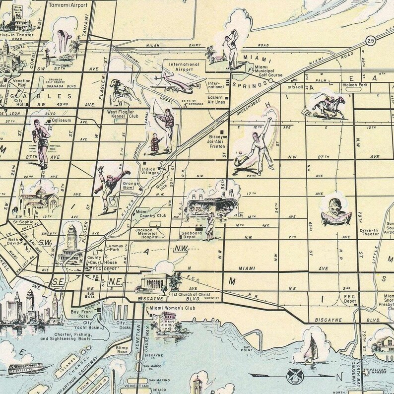 Old Pictorial Map of Greater Miami Florida 1951 Fine - Etsy