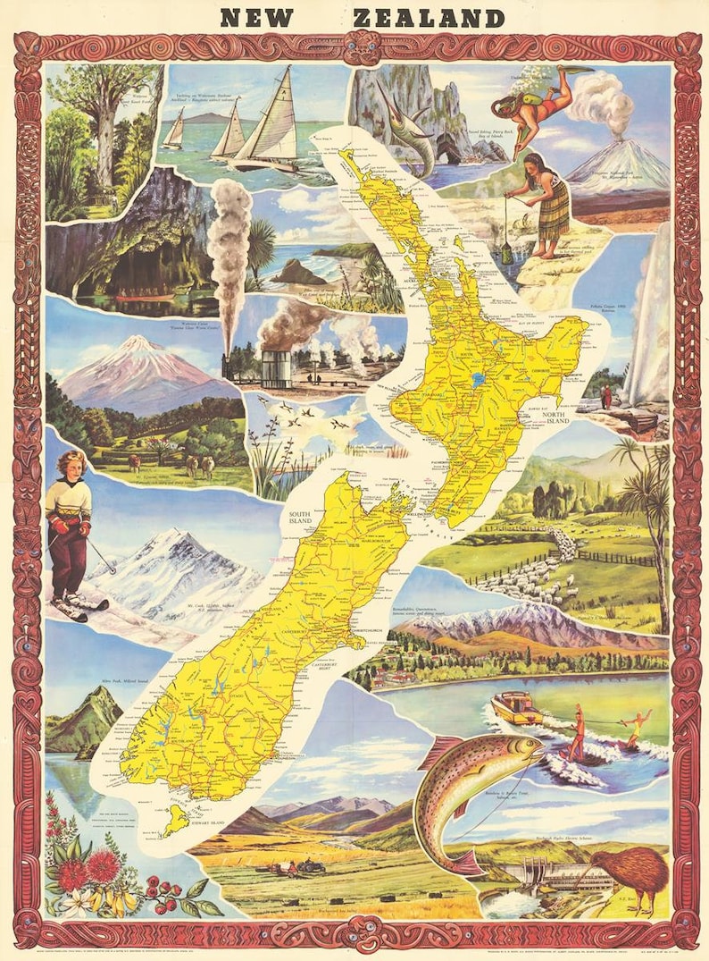 Vintage New Zealand Map Print: 1960s Fine Art Reproduction - Etsy