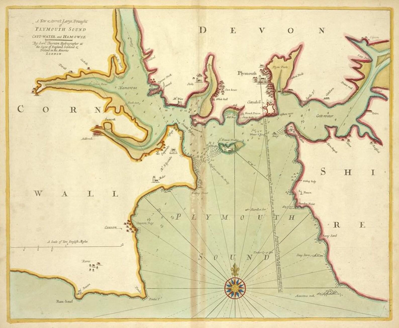 Antique Map of Plymouth, 1702, Very Rare Map, Fine Reproduction, Large ...