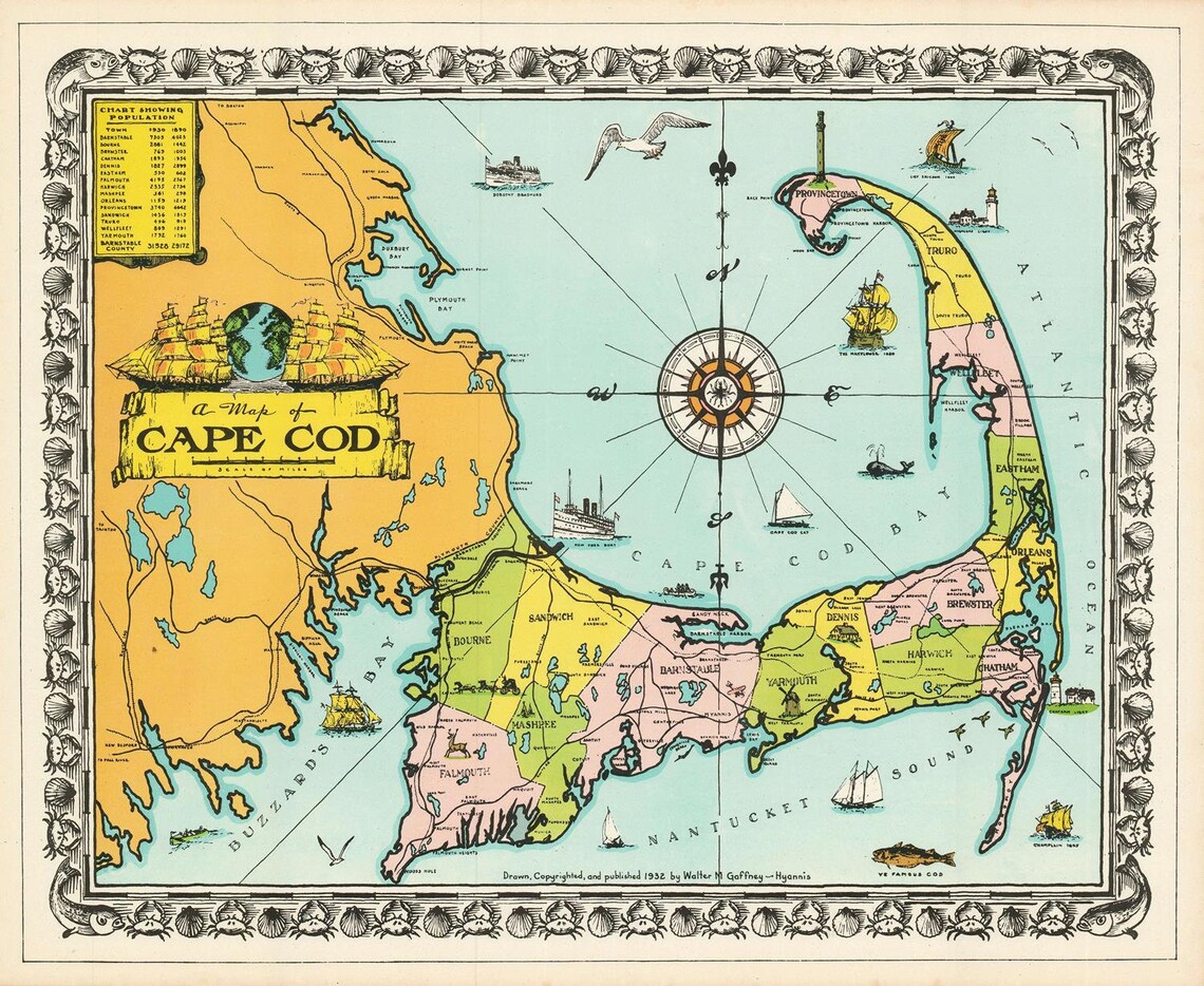 Cape Cod Map Art Print: 1932 Pictorial Massachusetts Map - Etsy